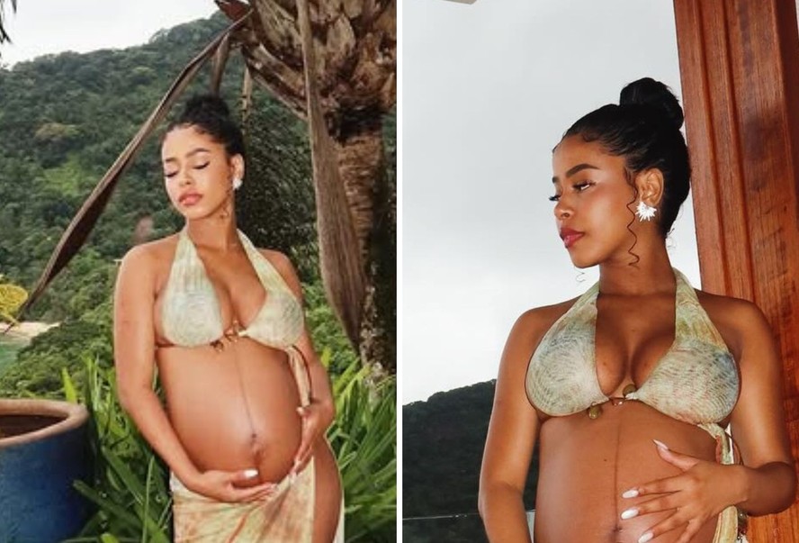 De biquíni, Lorena Maria exibe barrigão de gravidez em fotos