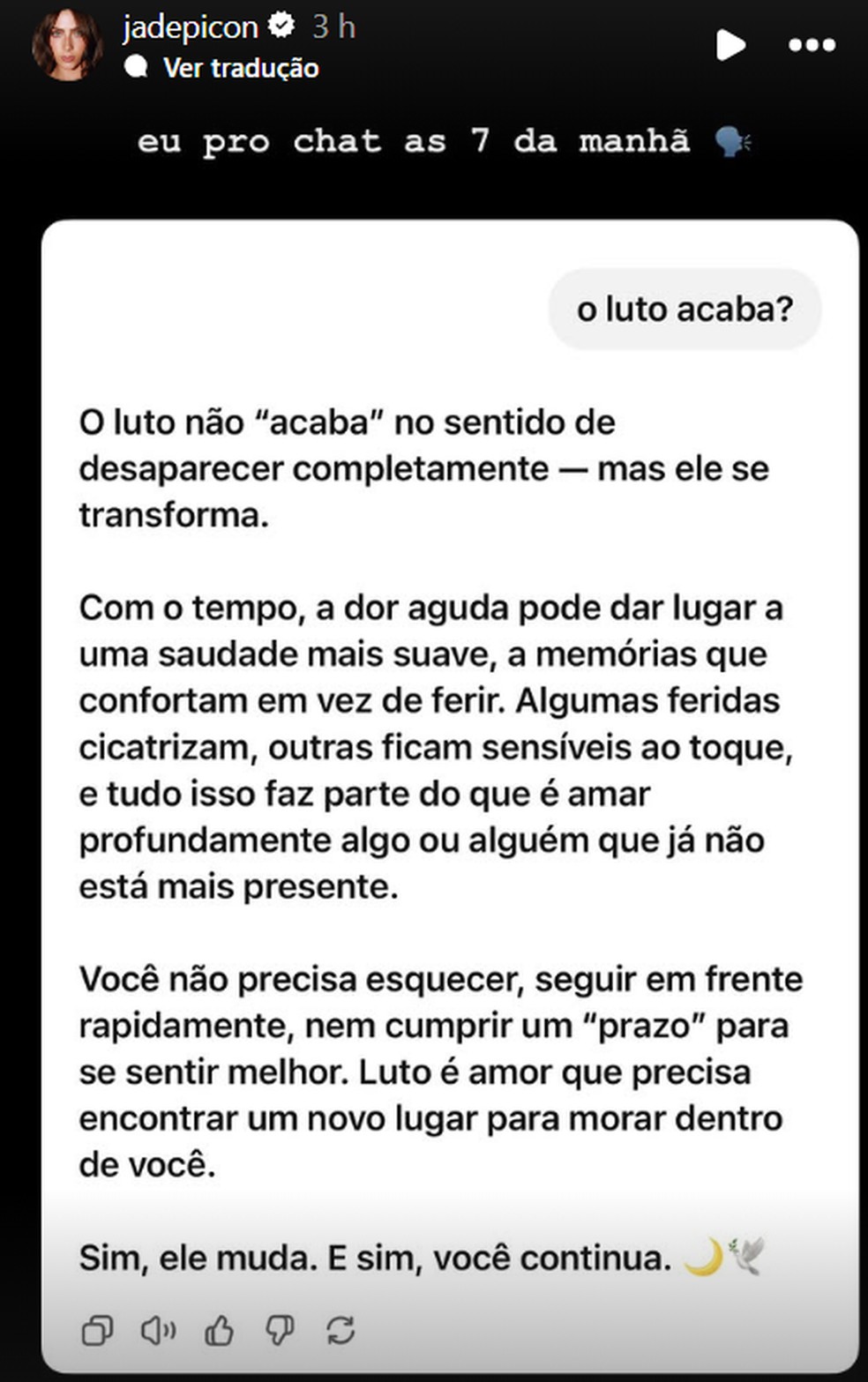 Jade Picon chora durante meditação e desabafa: 'Perder alguém não é fácil'