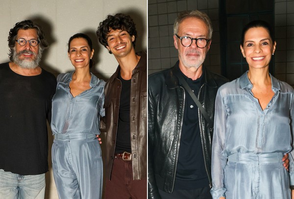 Helena Ranaldi posa com o ex-marido, o atual e o filho em noite de teatro