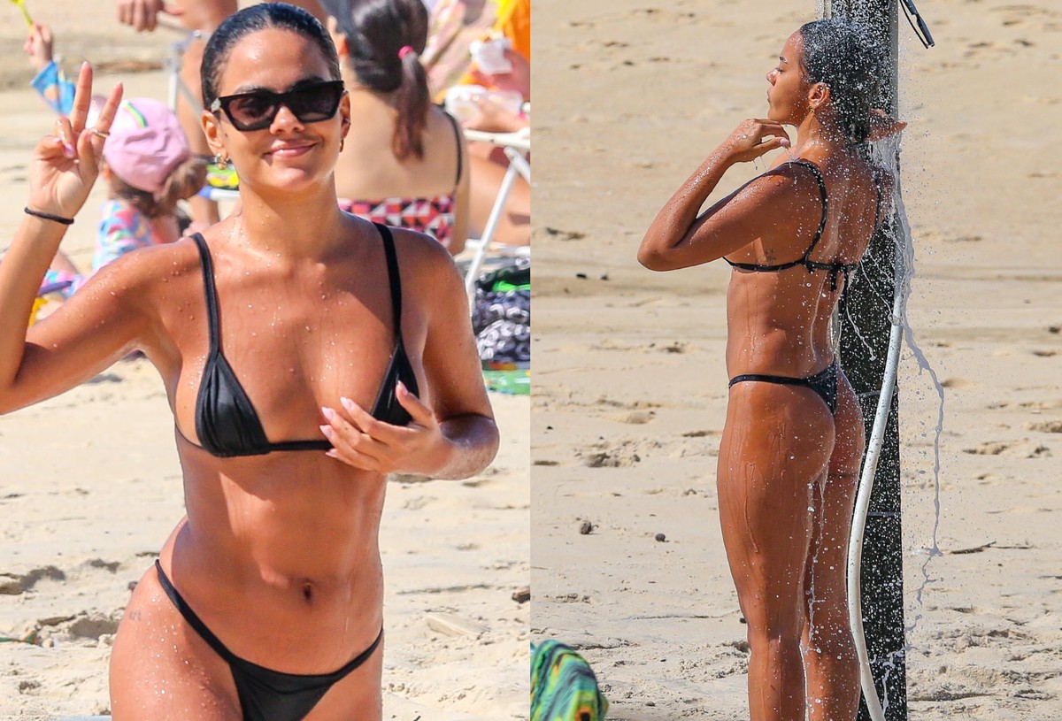 FOTOS: Bella Campos se refresca de calorão com banho de ducha em praia carioca e revela ...