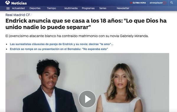 Imprensa internacional repercute casamento de Endrick e Gabriely Miranda