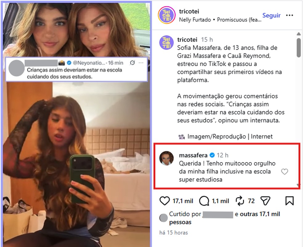 Grazi Massafera defende a filha após ela ser criticada por vídeo ...