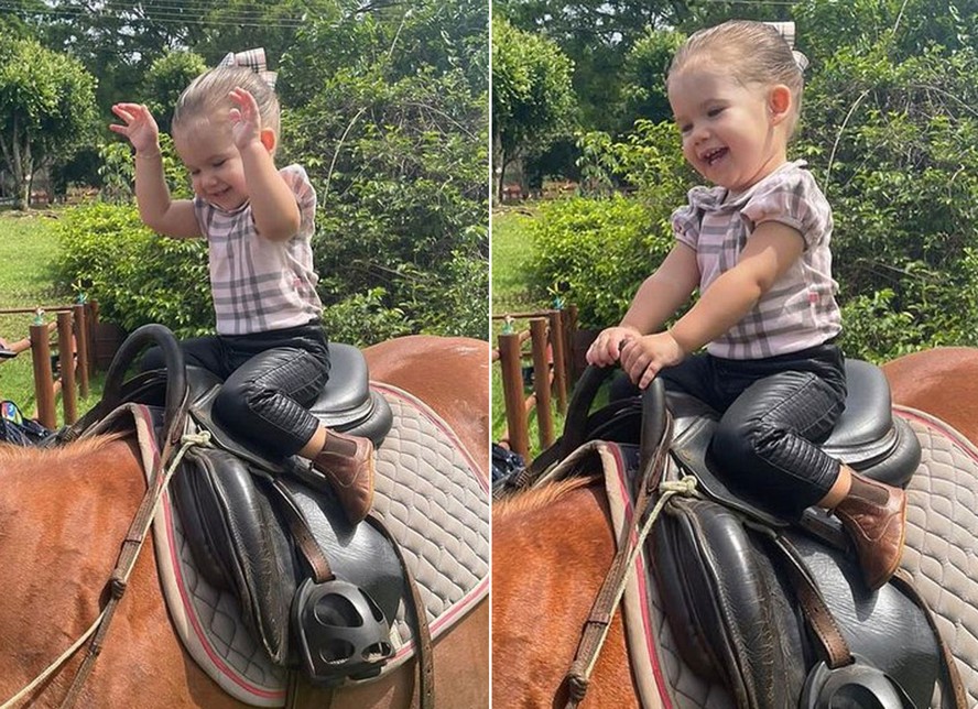 Virginia Fonseca baba por cliques de Maria Alice em aula de hipismo