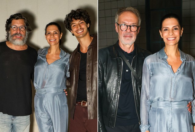 Helena Ranaldi posa com o ex-marido, o atual e o filho em noite de teatro