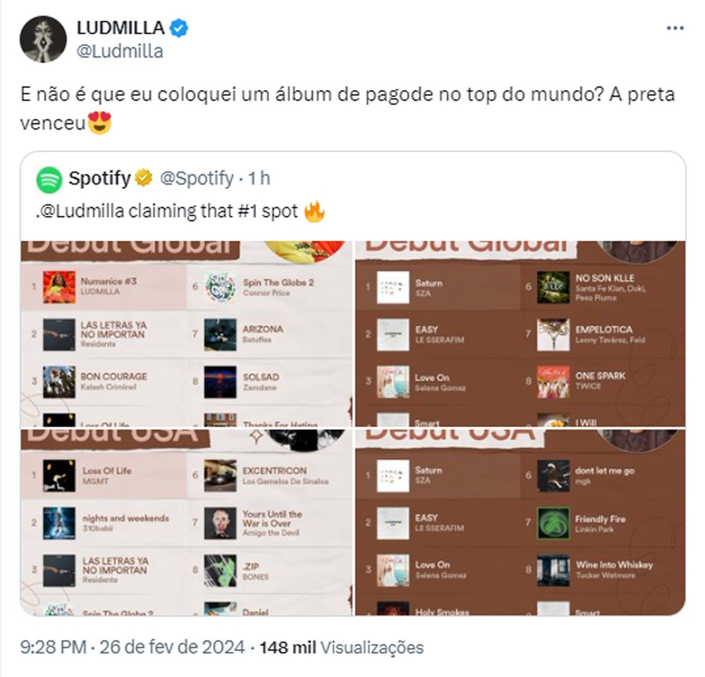 Ludmilla comemora álbum no topo de mais ouvidos do Spotify no mundo: 'A preta venceu'