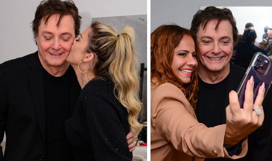 Fábio Jr. ganha beijos da mulher e faz selfie com Viviane Araujo em show
