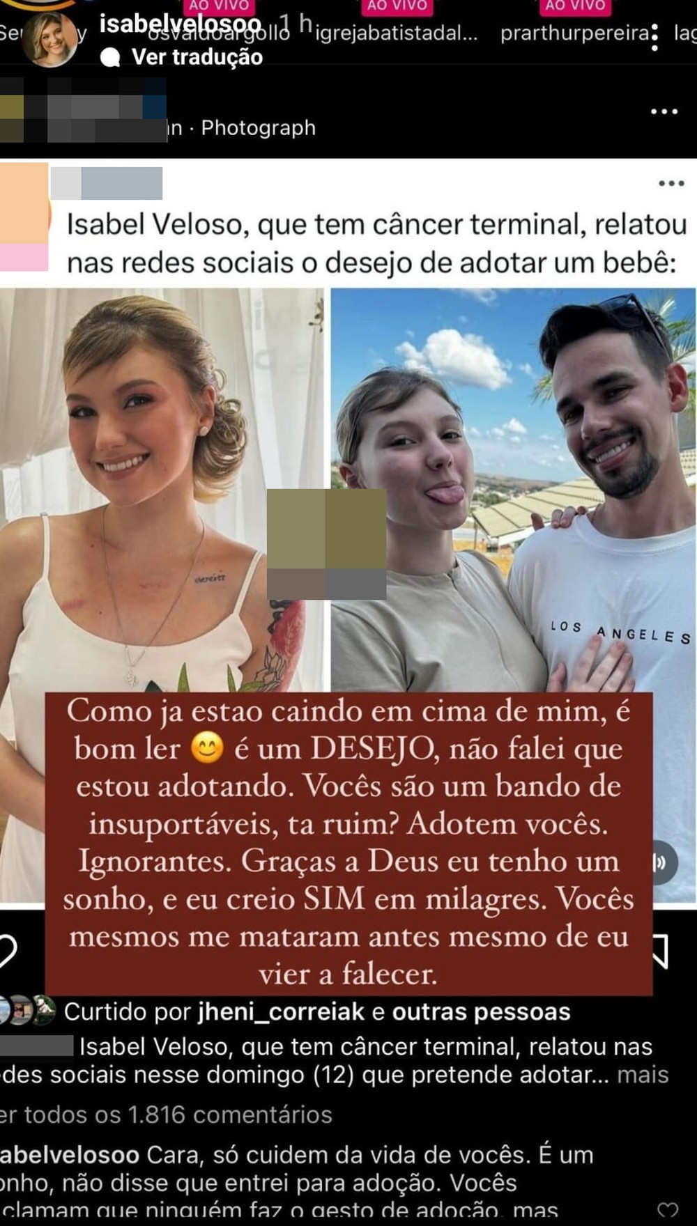 Isabel Veloso, influencer com câncer terminal, desabafa após ataques ...