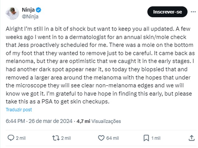 Streamer Ninja, de 32 anos, anuncia diagnóstico de câncer