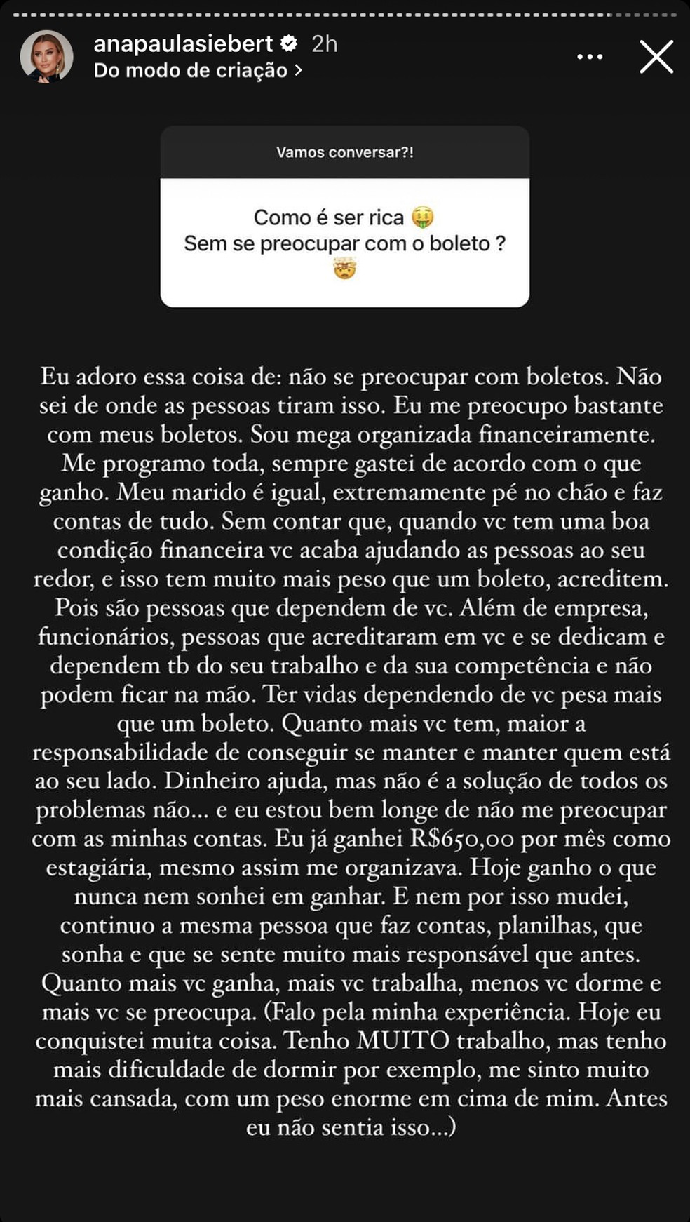 Ana Paula Siebert diz que ela e Roberto Justus vivem fazendo contas para pagar boletos