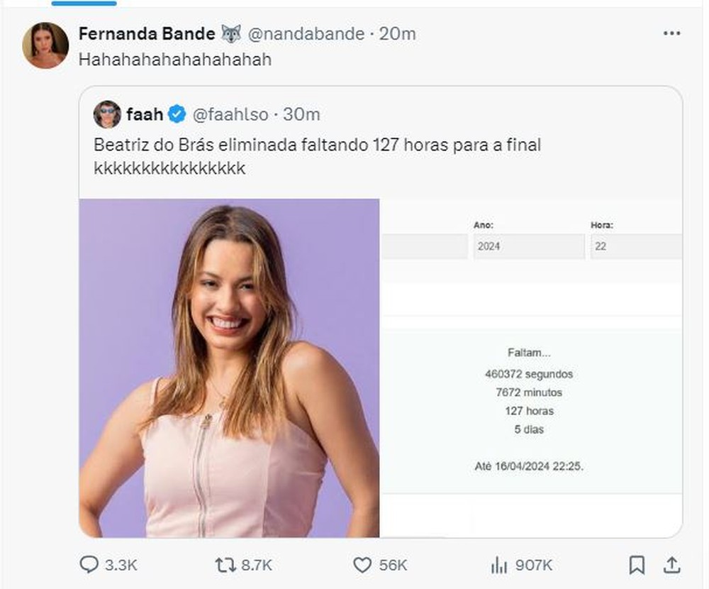 BBB 24: Fernanda se diverte com Beatriz eliminada a 127 horas para a final