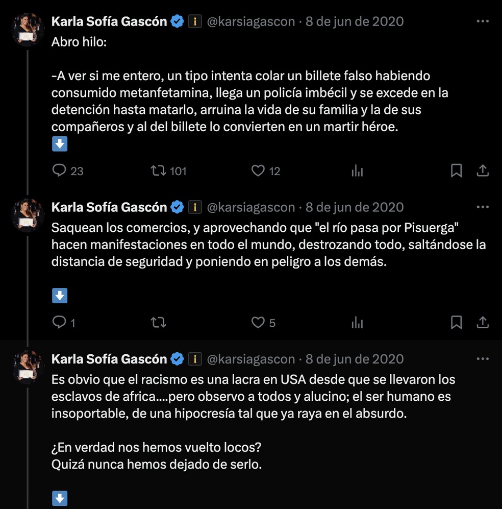 Internautas resgatam posts polêmicos de Karla Sofía Gascón sobre a ...