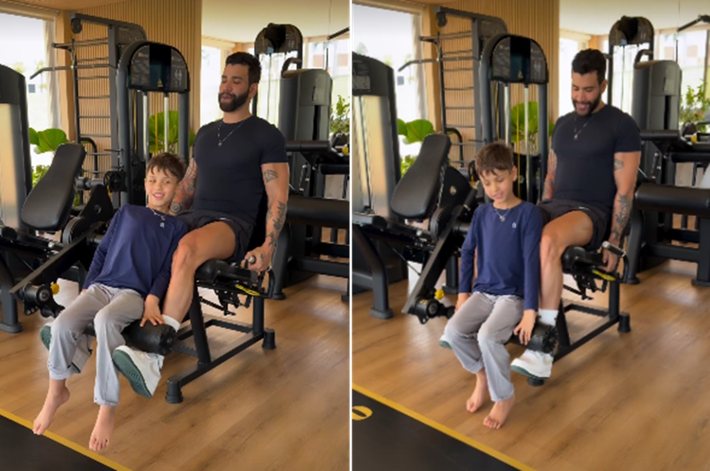 Gusttavo Lima usa filho de 7 anos como peso para treinar em academia; vídeo