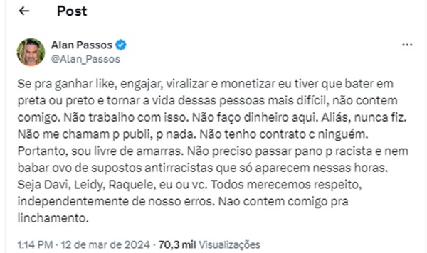 Ex-BBB Alan Passos critica 'supostos antirracistas' em polêmicas do BBB 24