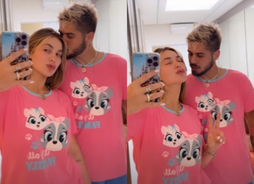 Virginia Fonseca e Zé Felipe posam juntinhos com pijamas iguais