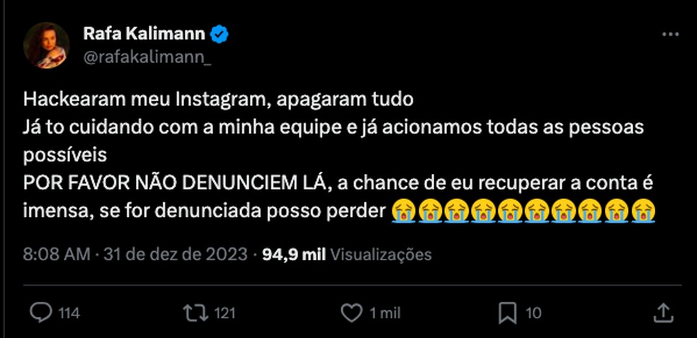 Rafa Kalimann tem Instagram hackeado e faz apelo ao recuperar a conta ...